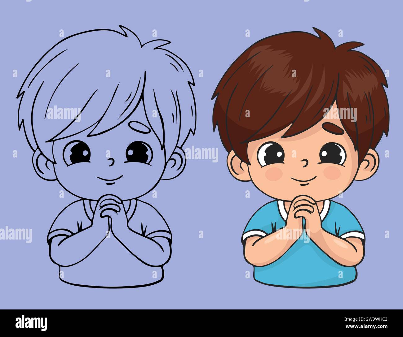 Praying boy with folded hands in prayer. Isolated colored and linear ...