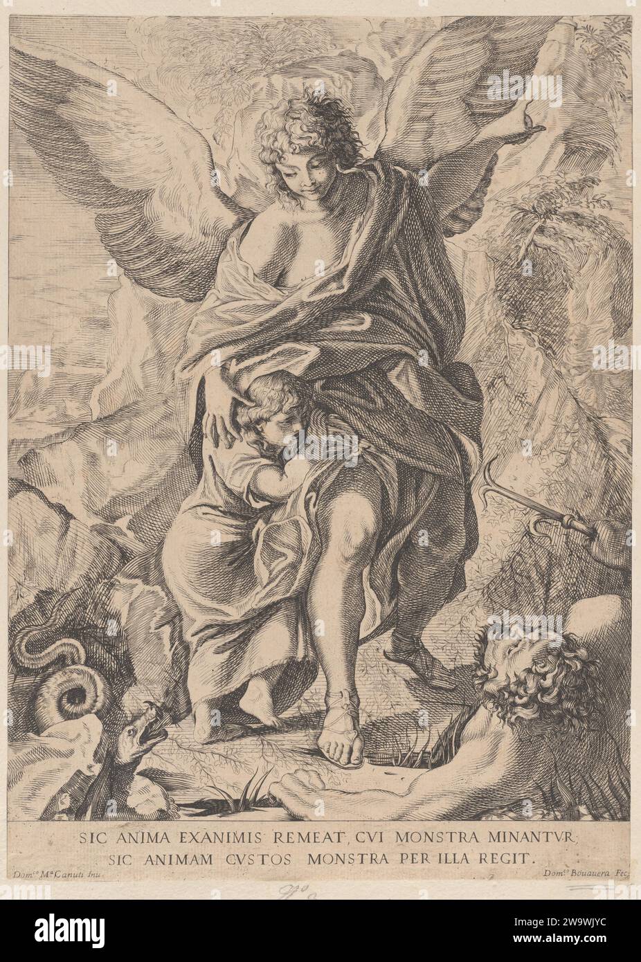 Guardian angel leading a child through danger, with a snake at lower ...