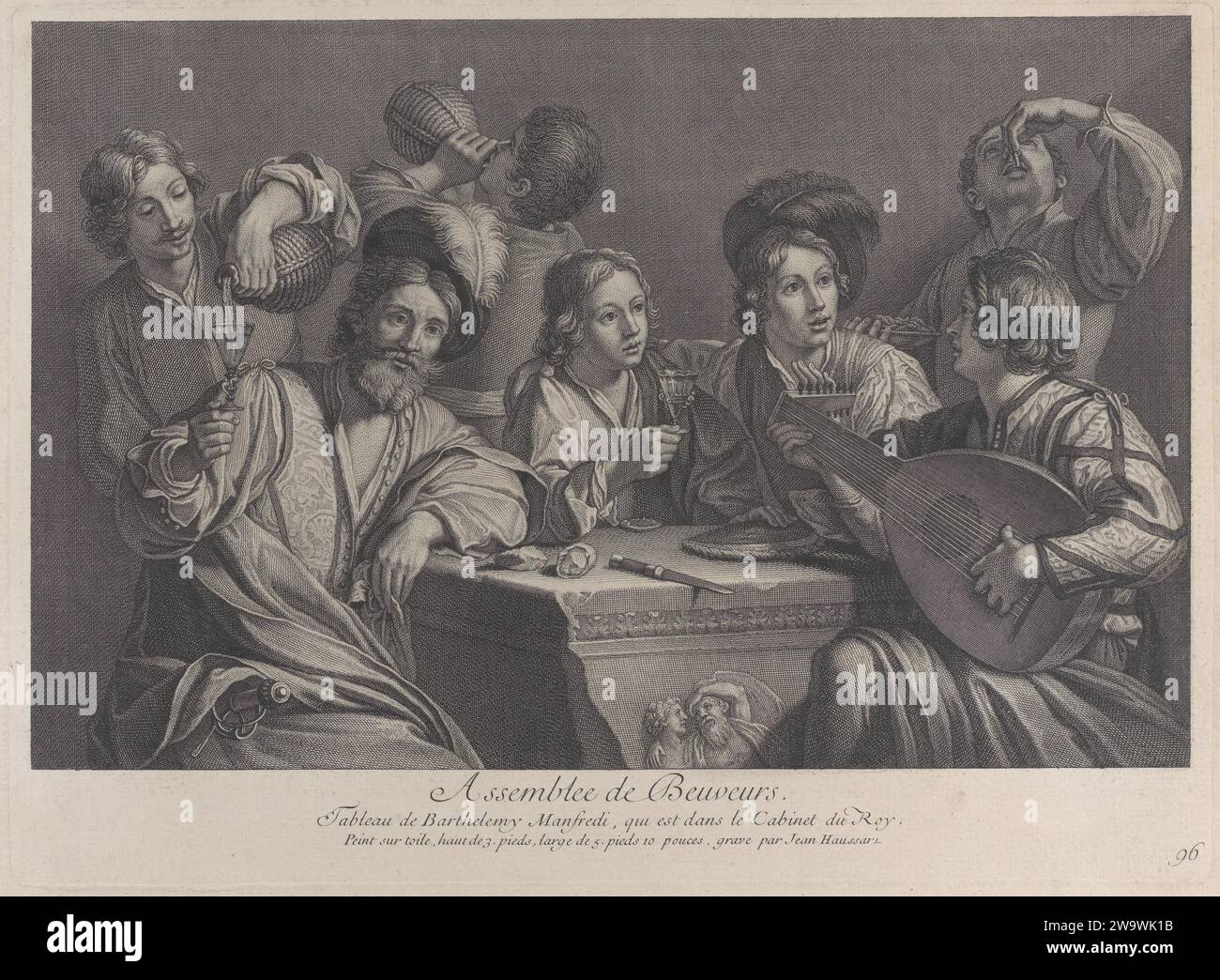 Seven men gathered around a table, drinking and listening to a lute ...
