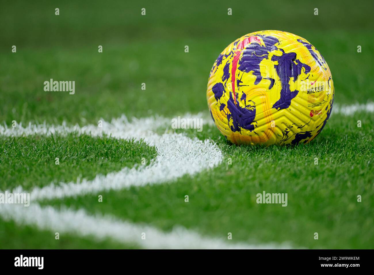 A close up of an official Premier League football in the corner of the ...