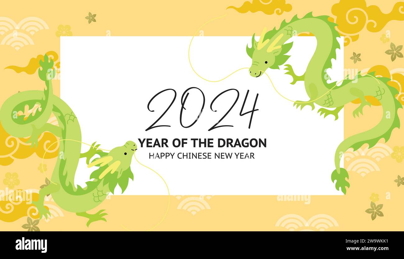 Two dragons new year 2024 card with frame. Year of the dragon greetings ...