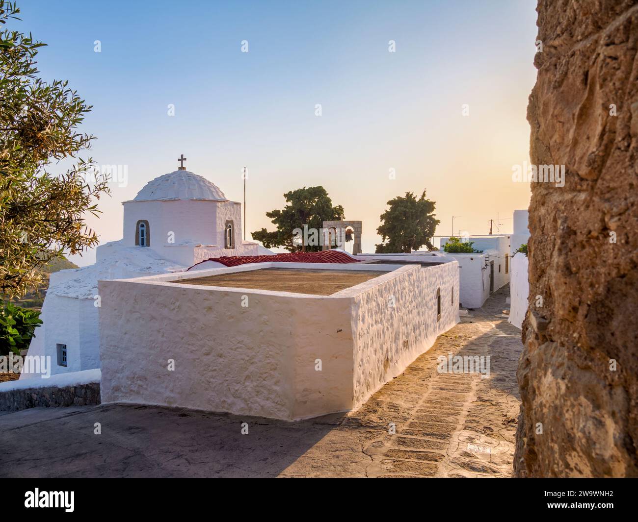 Street of Patmos Chora at sunset, Patmos Island, Dodecanese, Greece ...