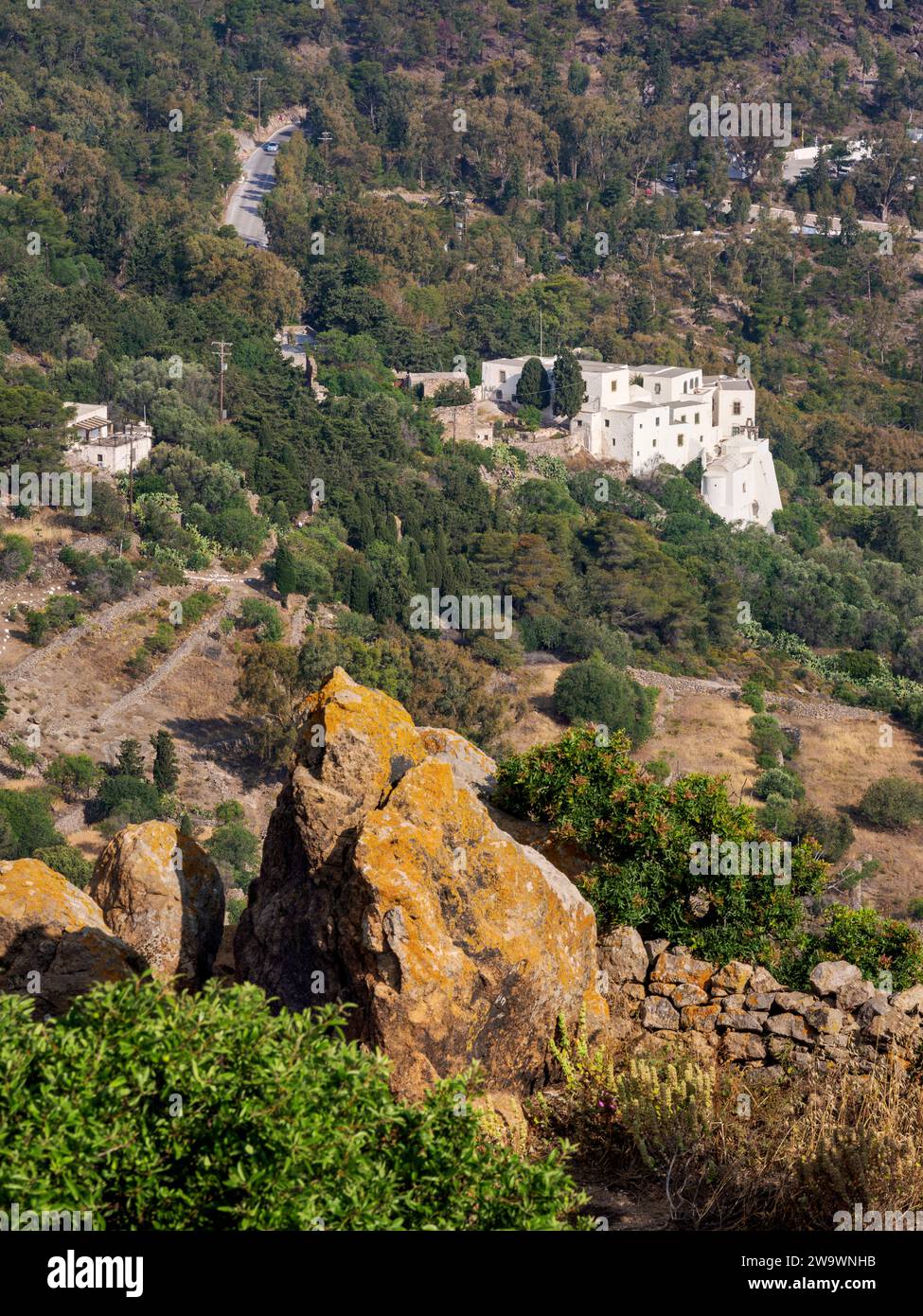 View towards the Cave of the Apocalypse Church, Patmos Island ...