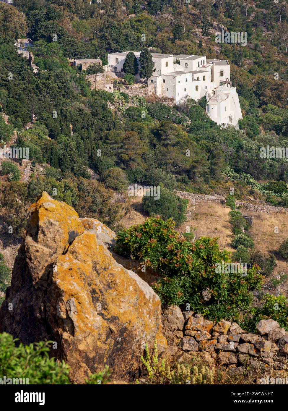 View towards the Cave of the Apocalypse Church, Patmos Island ...