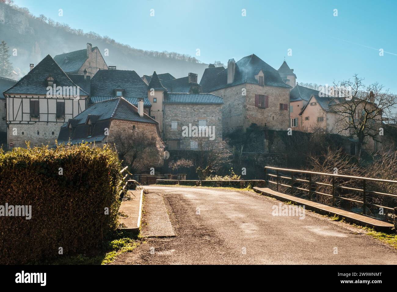 The medieval village of Autoire on a frosty winters morning in the Lot region of France Stock ...