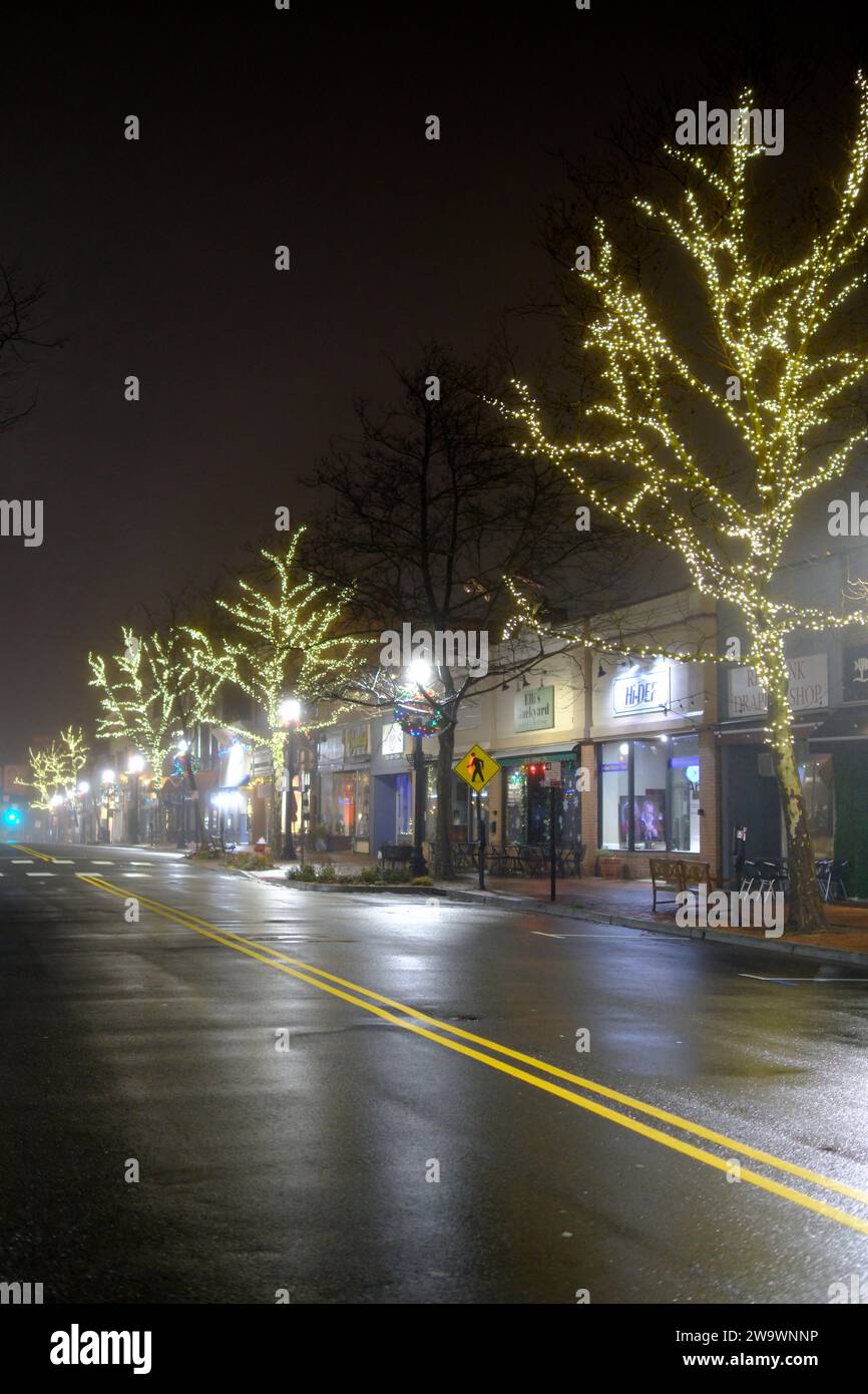 Christmas decorations on broad street in Red Bank, NJ, USA at night ...