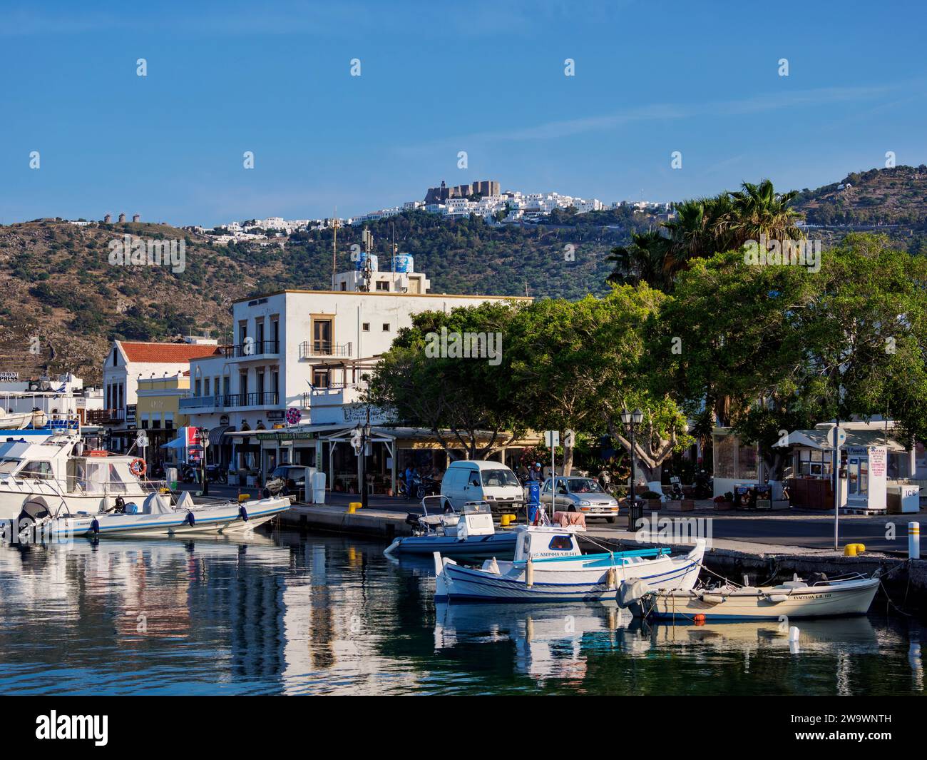View over Skala Port towards the Monastery of Saint-John the Theologian ...