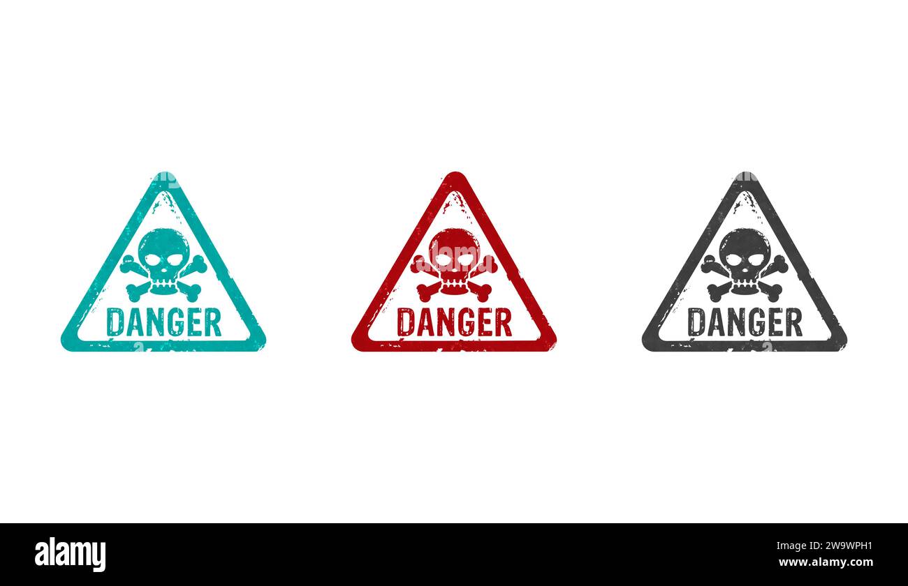 Danger stamp icons in few color versions. Warning alert with skull ...