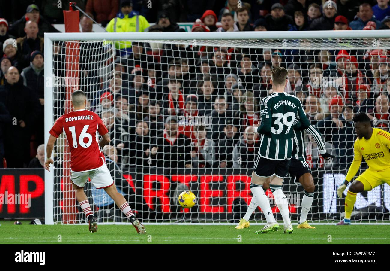 Nottingham Forest's Nicolas Dominguez (left) scores his sides first ...
