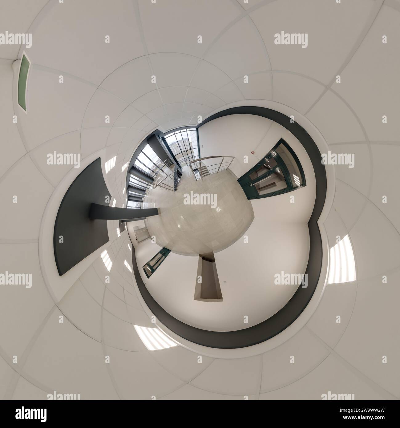abstractly twisted into a spherical 360 panorama interior of a modern ...
