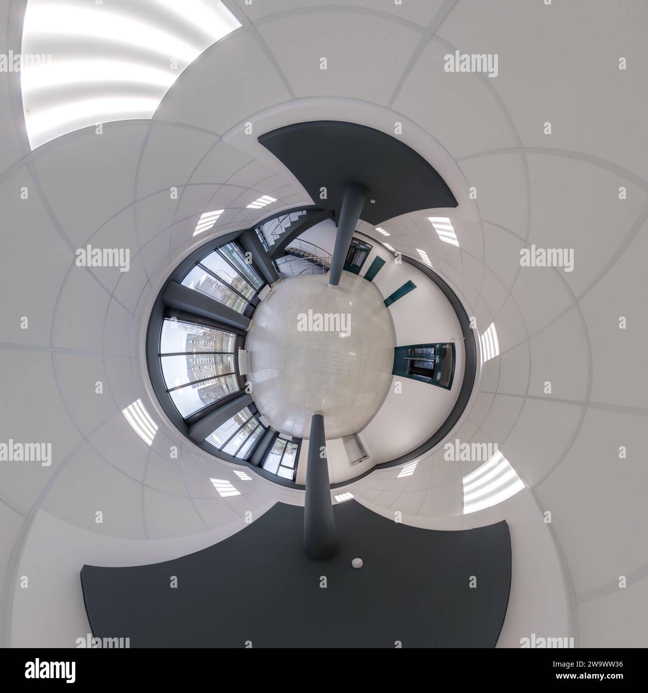 abstractly twisted into a spherical 360 panorama interior of a modern ...