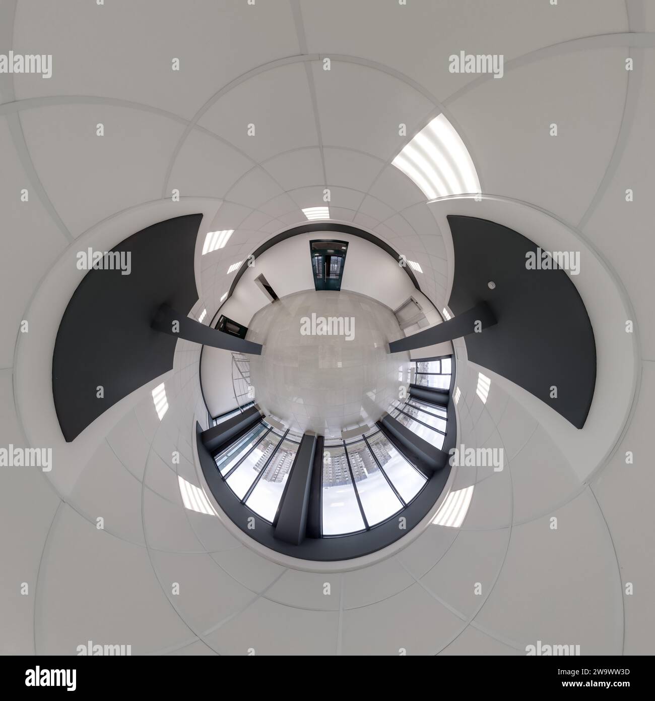 abstractly twisted into a spherical 360 panorama interior of a modern ...