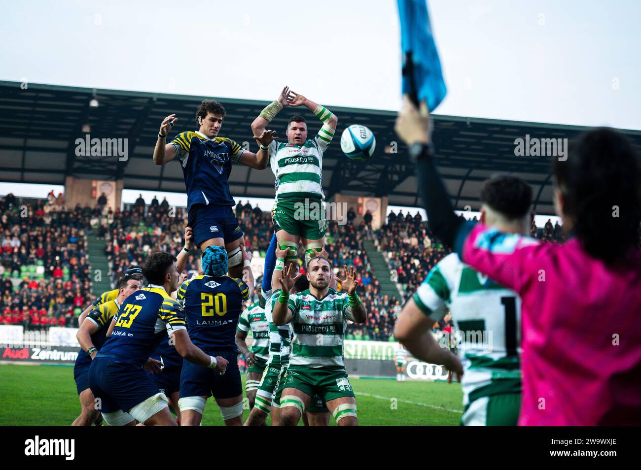 Treviso, Treviso, Italy. 30th Dec, 2023. A touche action during the ...