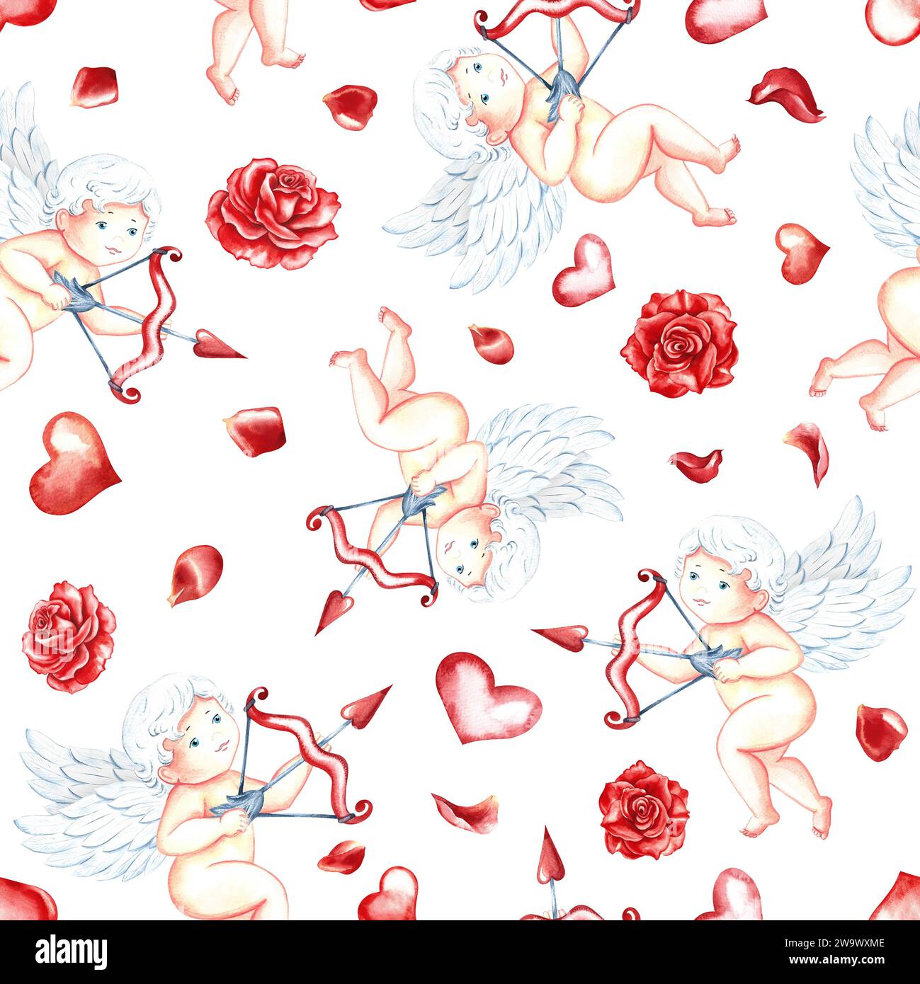 Seamless pattern with cute cupids with bow, arrows, hearts and roses ...