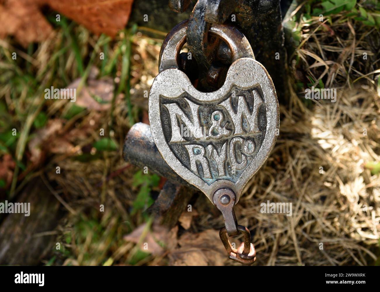 A vintage Norfolk & Western Railway lock secures a display of railroad ...