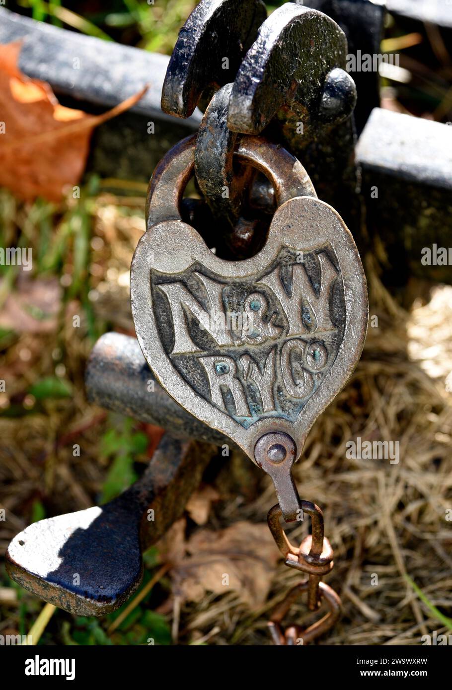 A vintage Norfolk & Western Railway lock secures a display of railroad ...