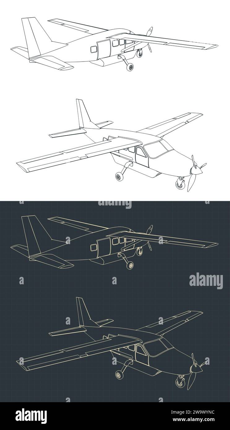 Stylized vector illustrations of blueprints of light single-engine turboprop aircraft Stock ...