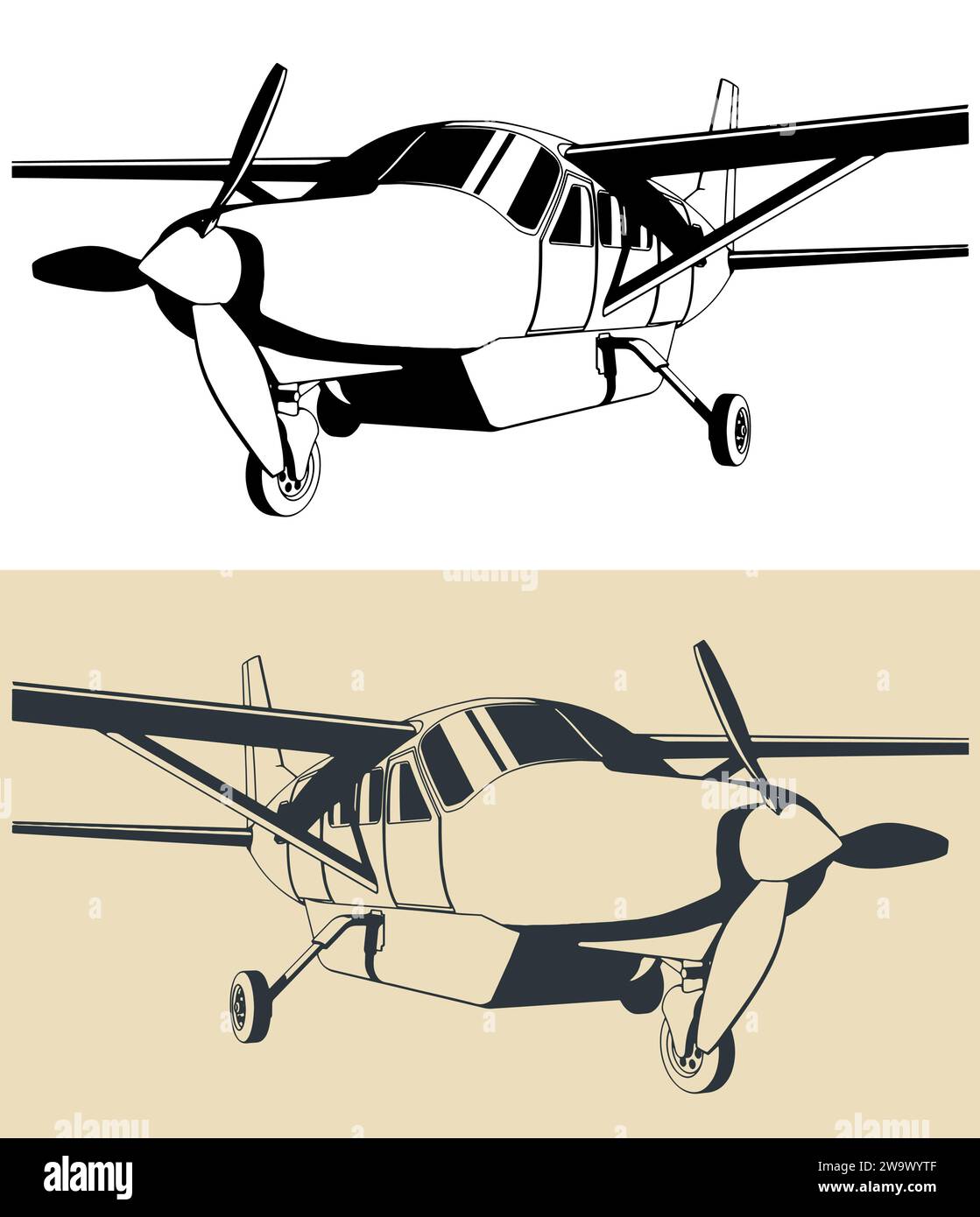 Stylized vector illustrations of a light single-engine turboprop aircraft close-up Stock Vector ...