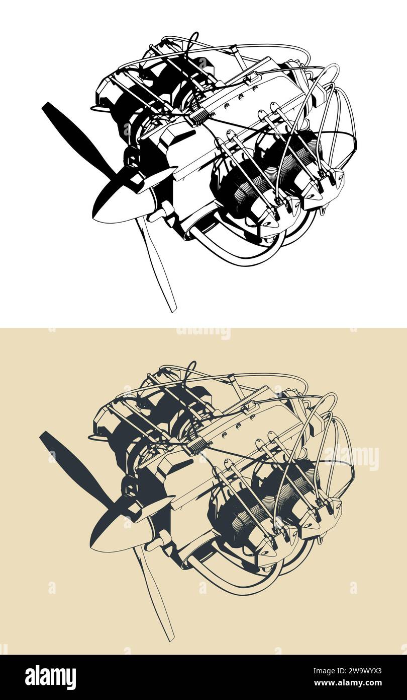 Stylized vector illustrations of a horizontally opposed aircraft engine ...