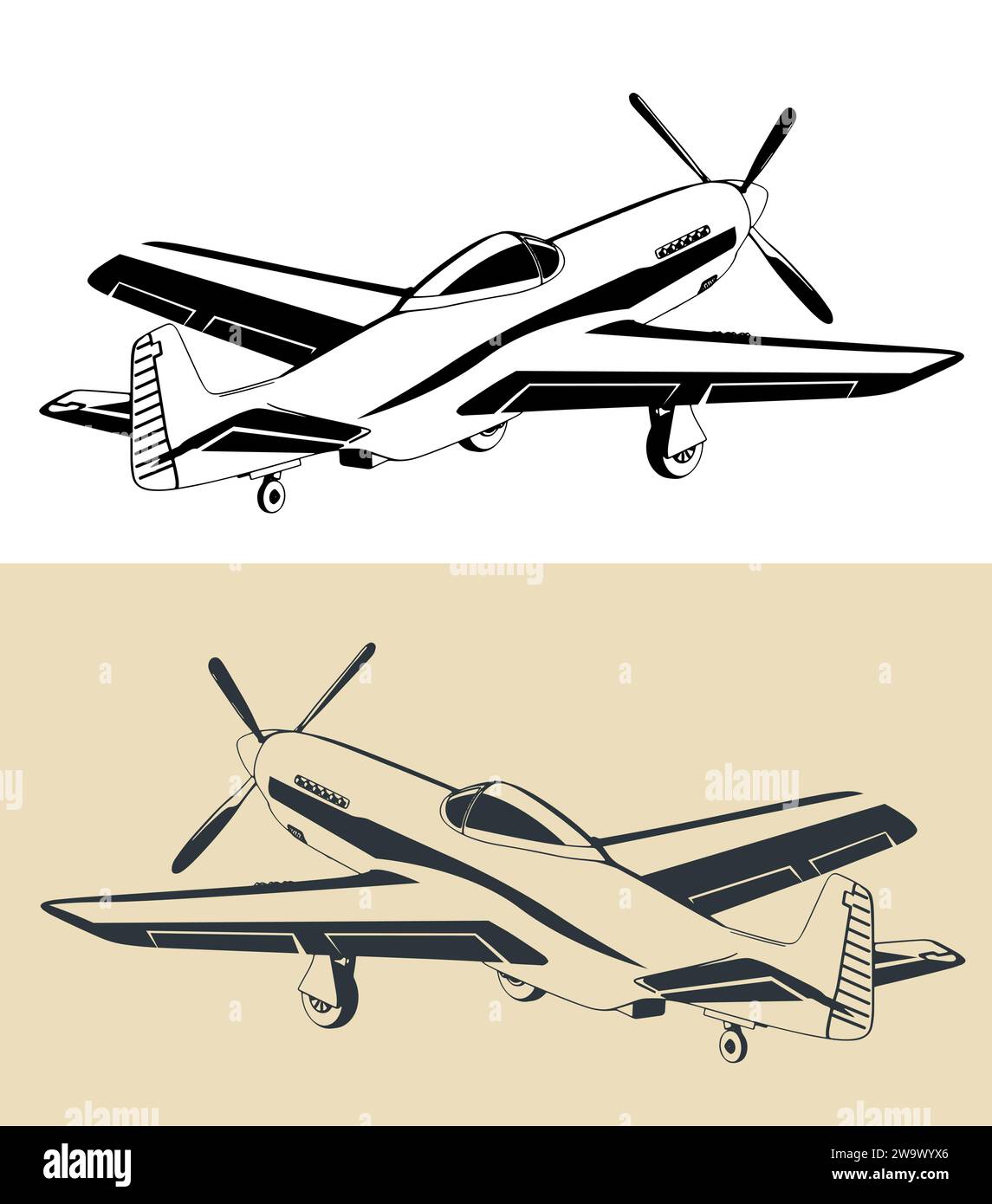 Stylized vector illustration of long-range, single-seat fighter and fighter-bomber used during ...