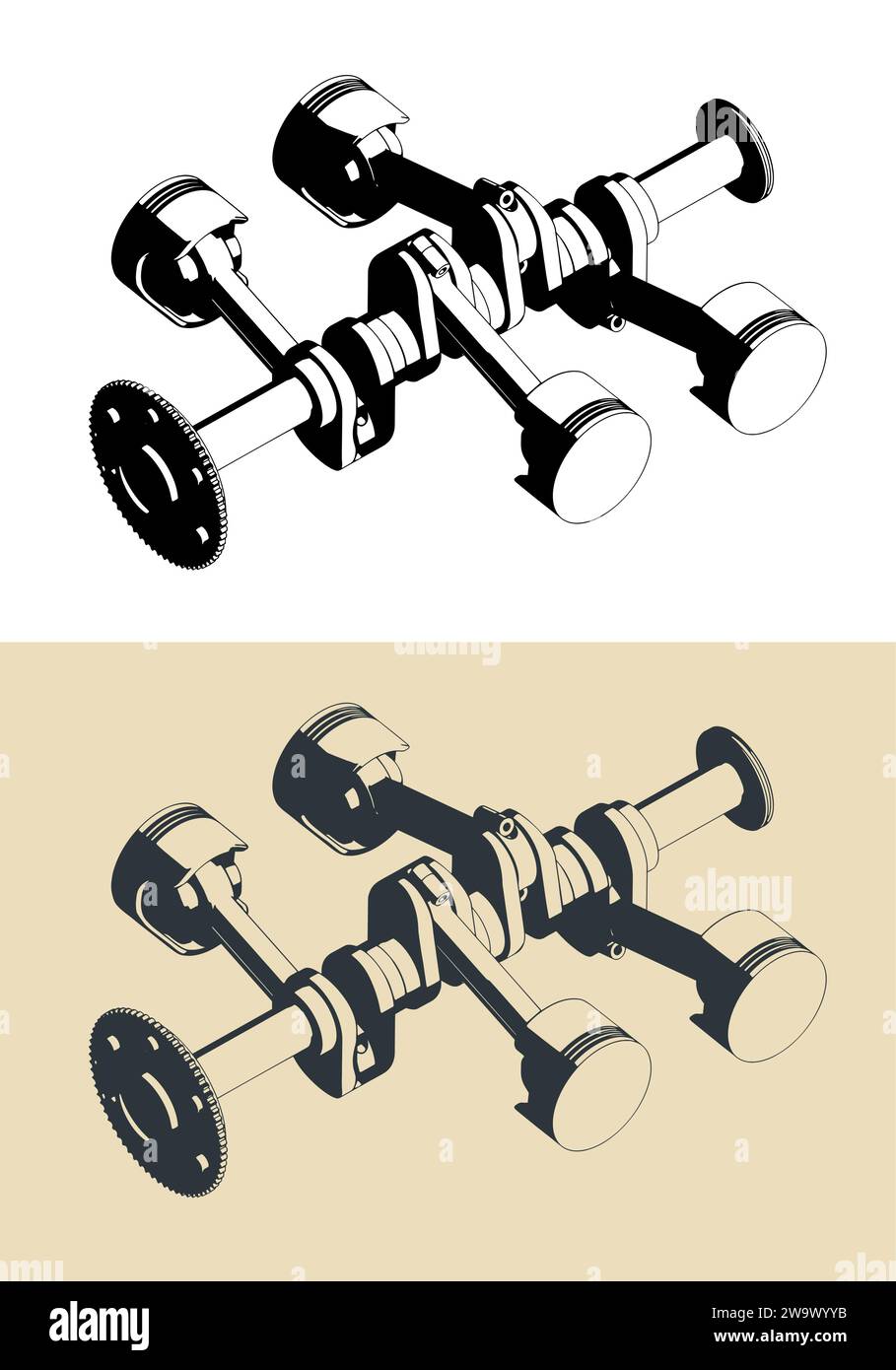 Stylized vector illustration of crankshaft and pistons of horizontally ...
