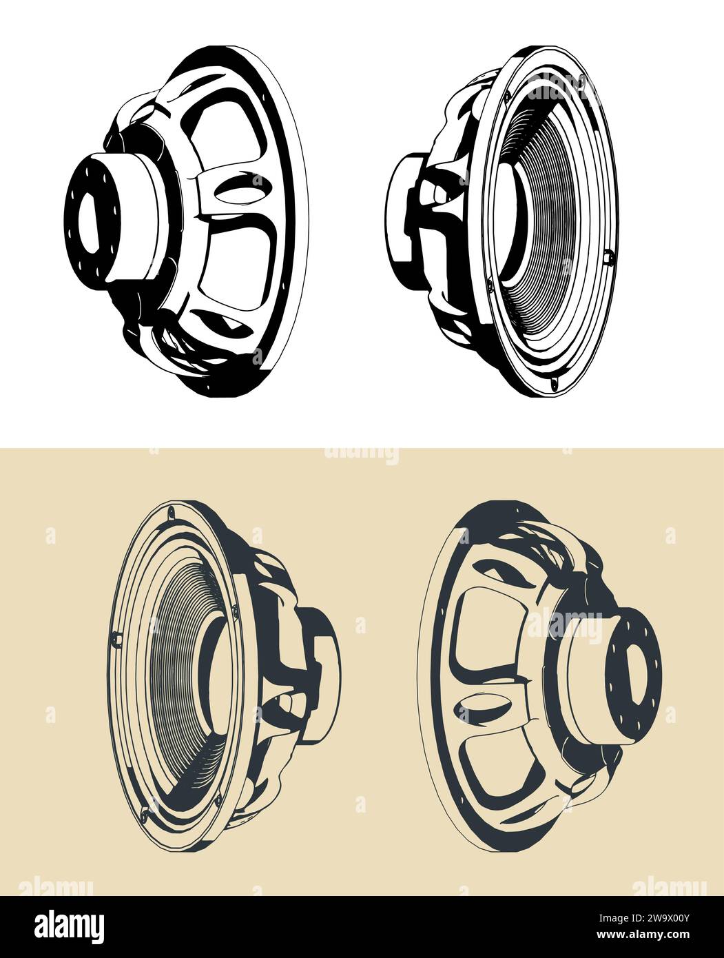 Stylized vector illustration of a powerful subwoofer speaker close-up ...