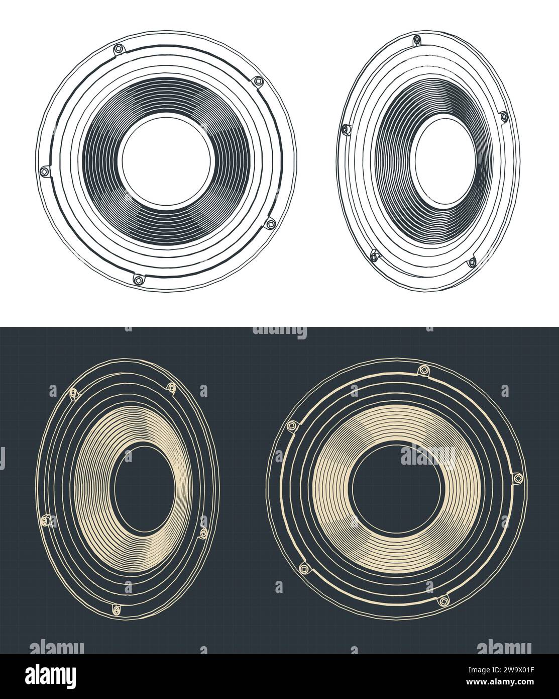 Stylized vector illustration of blueprints of a powerful subwoofer ...