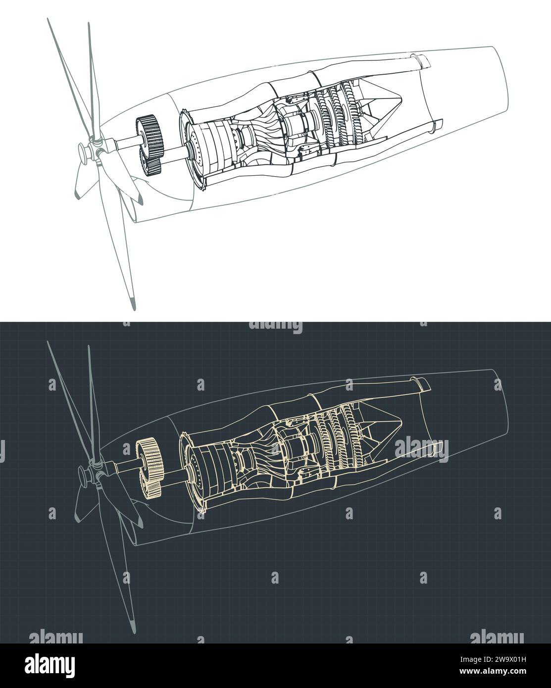 Stylized vector illustration of blueprints of turboprop engine Stock ...