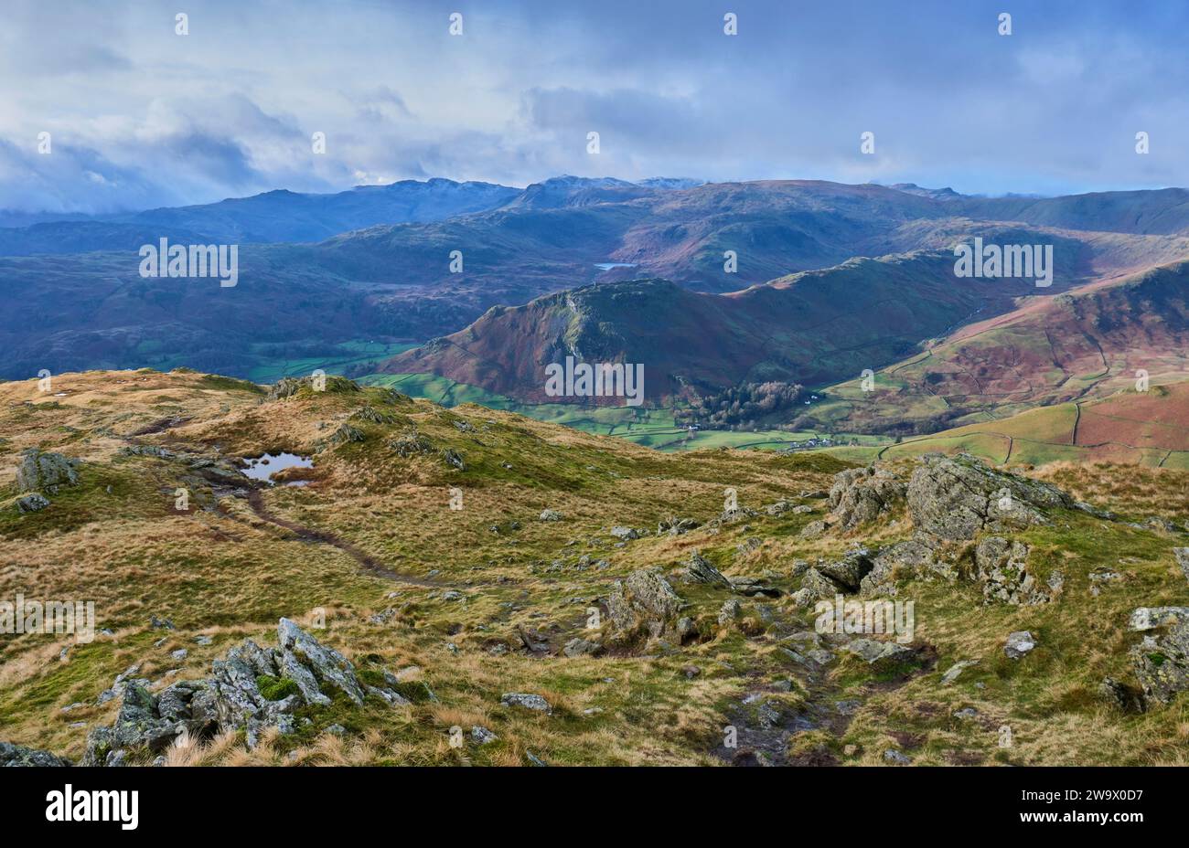 Helm Crag, Crinkle Crags, Bowfell and High Raise seen from near Great ...