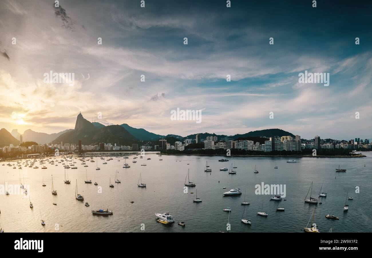 Aerial view of Botafogo Bay in Rio de Janeiro, Brazil at sunset with ...
