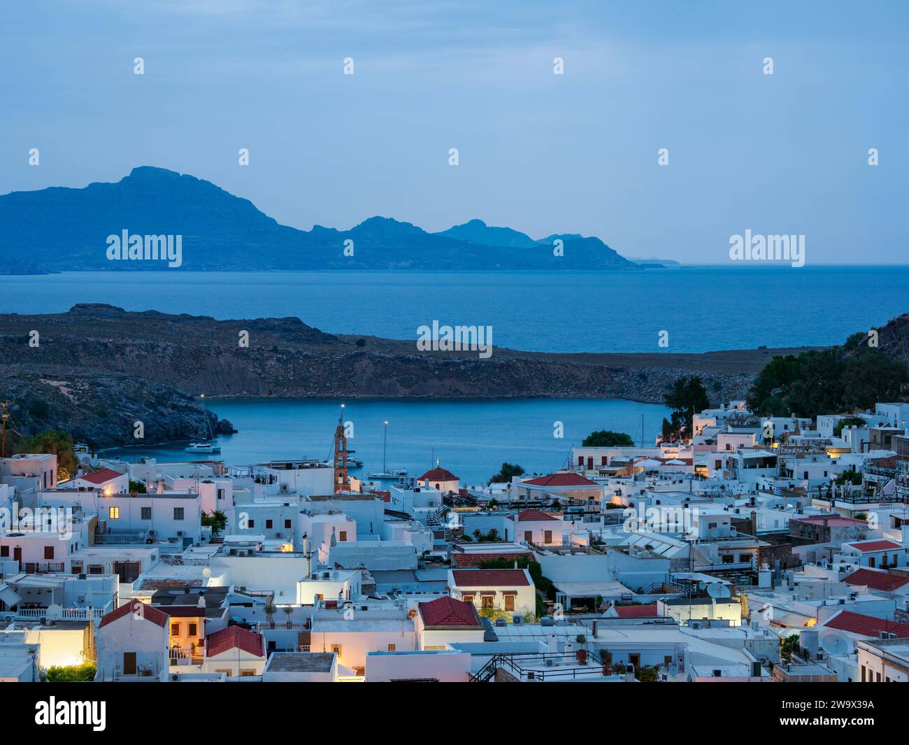 Lindos Village at dawn, elevated view, Rhodes Island, Dodecanese ...