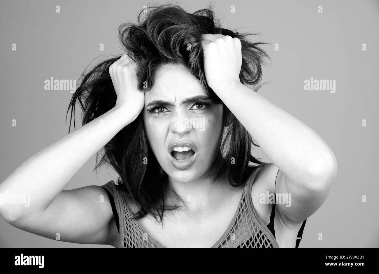 Angry woman. Shouting mouth, screaming face. Pensive woman feeling ...