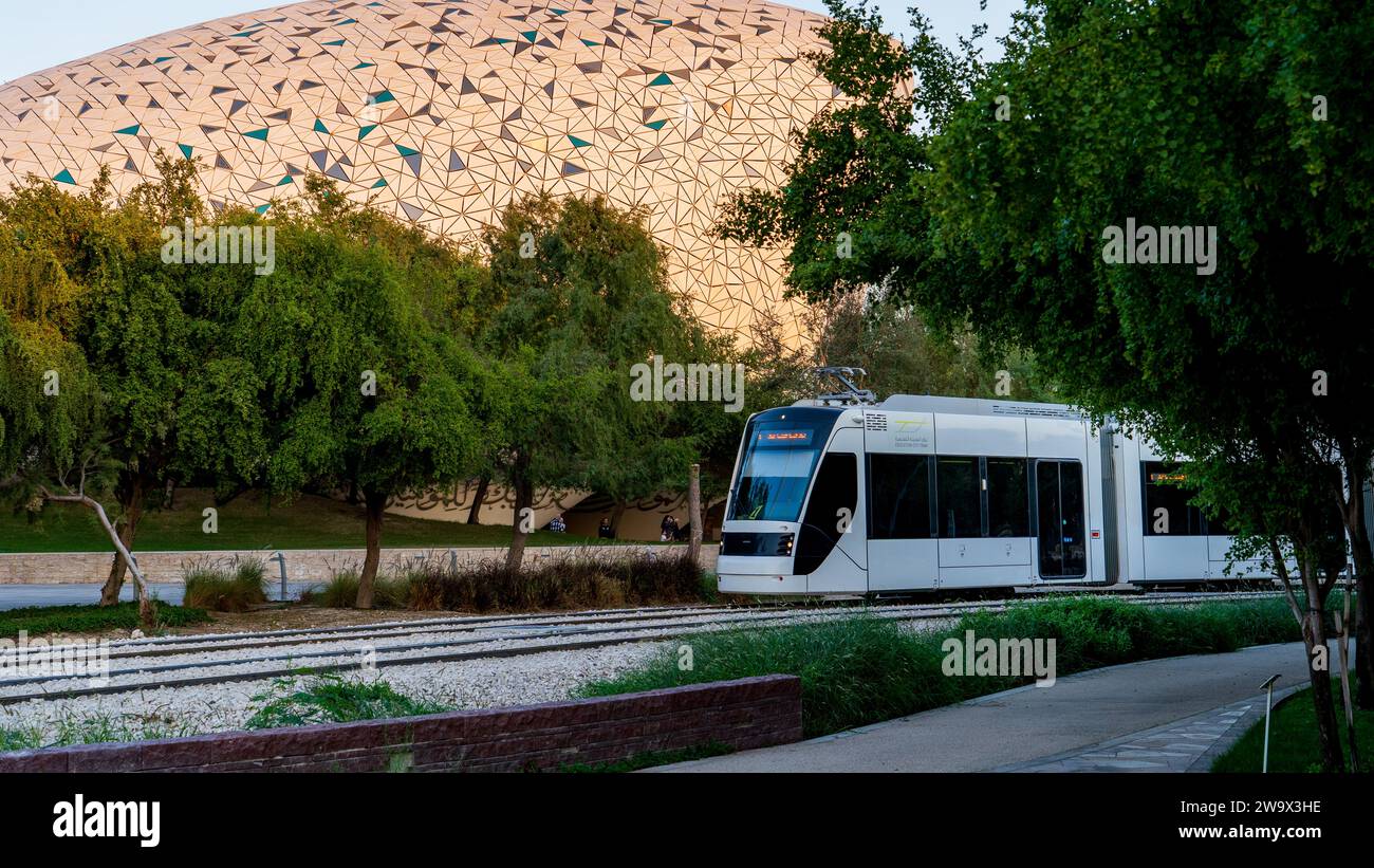 Doha, Qatar- December 12,2023 : yellow line Tram at education city ...
