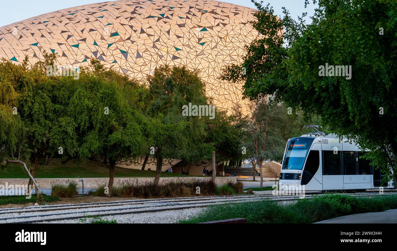 Doha, Qatar- December 12,2023 : yellow line Tram at education city ...