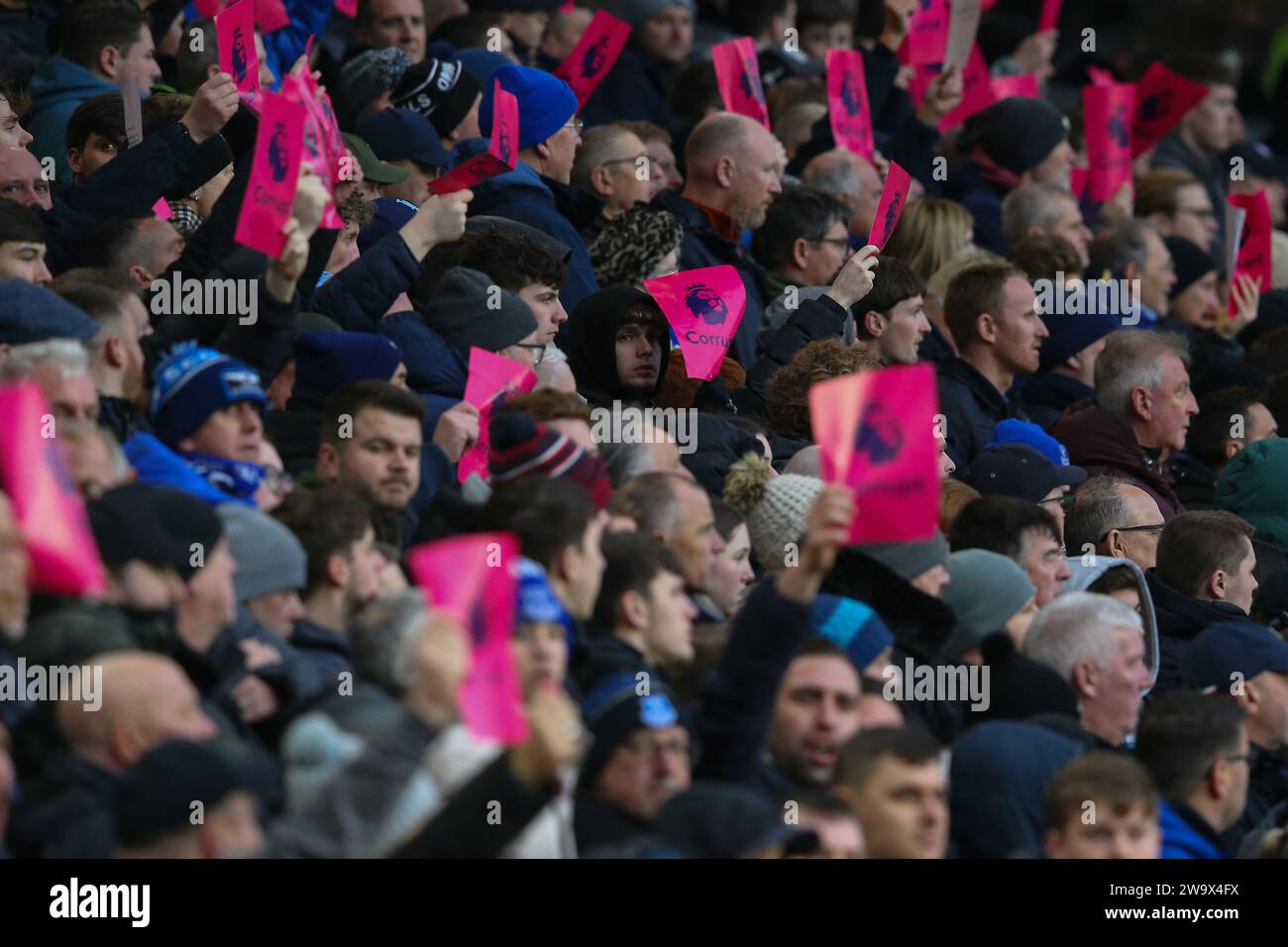 Wolverhampton, UK. 30th Dec, 2023. Everton fans hold up Premier League ...
