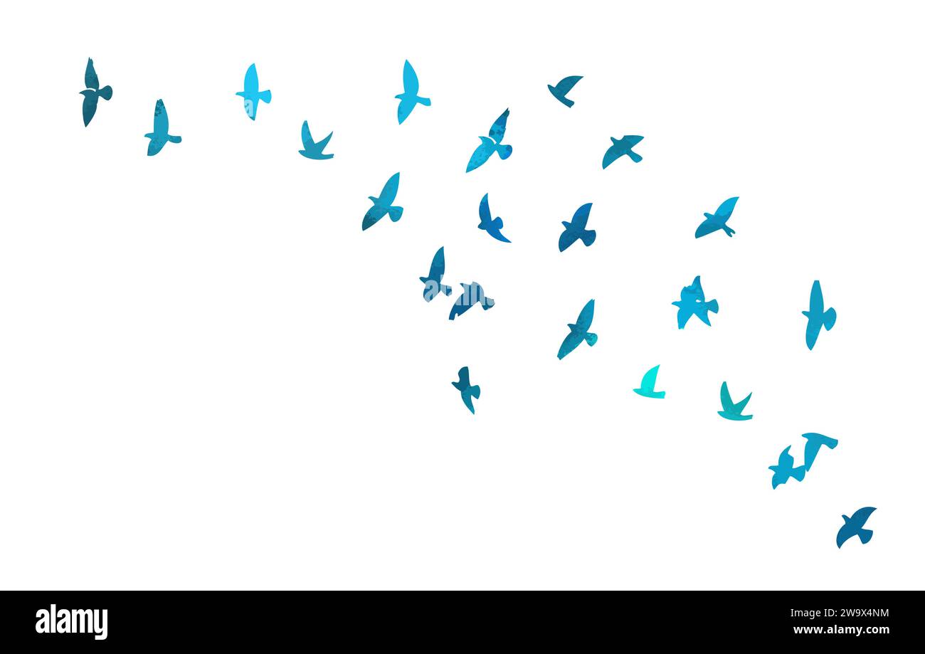 A flock of blue watercolor flying birds. Free birds abstraction. hand ...