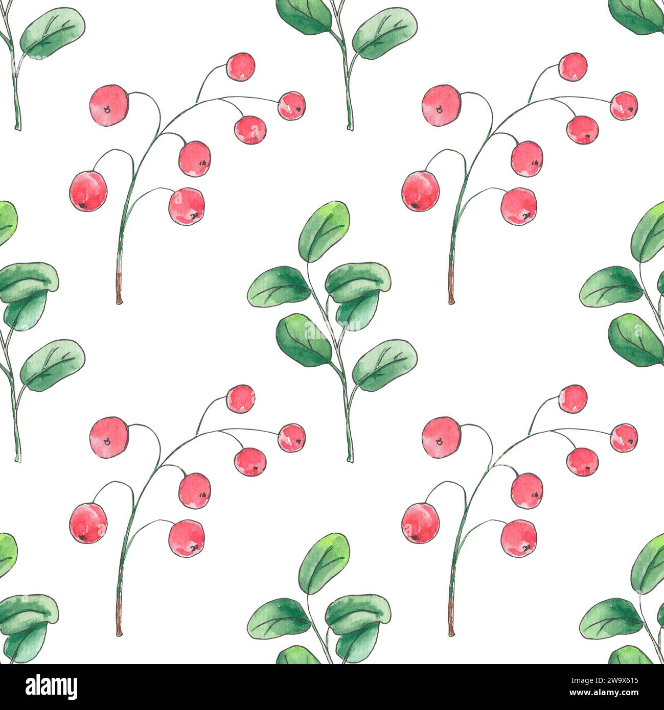 Seamless pattern with hand painted red circle berry and green leaves ...