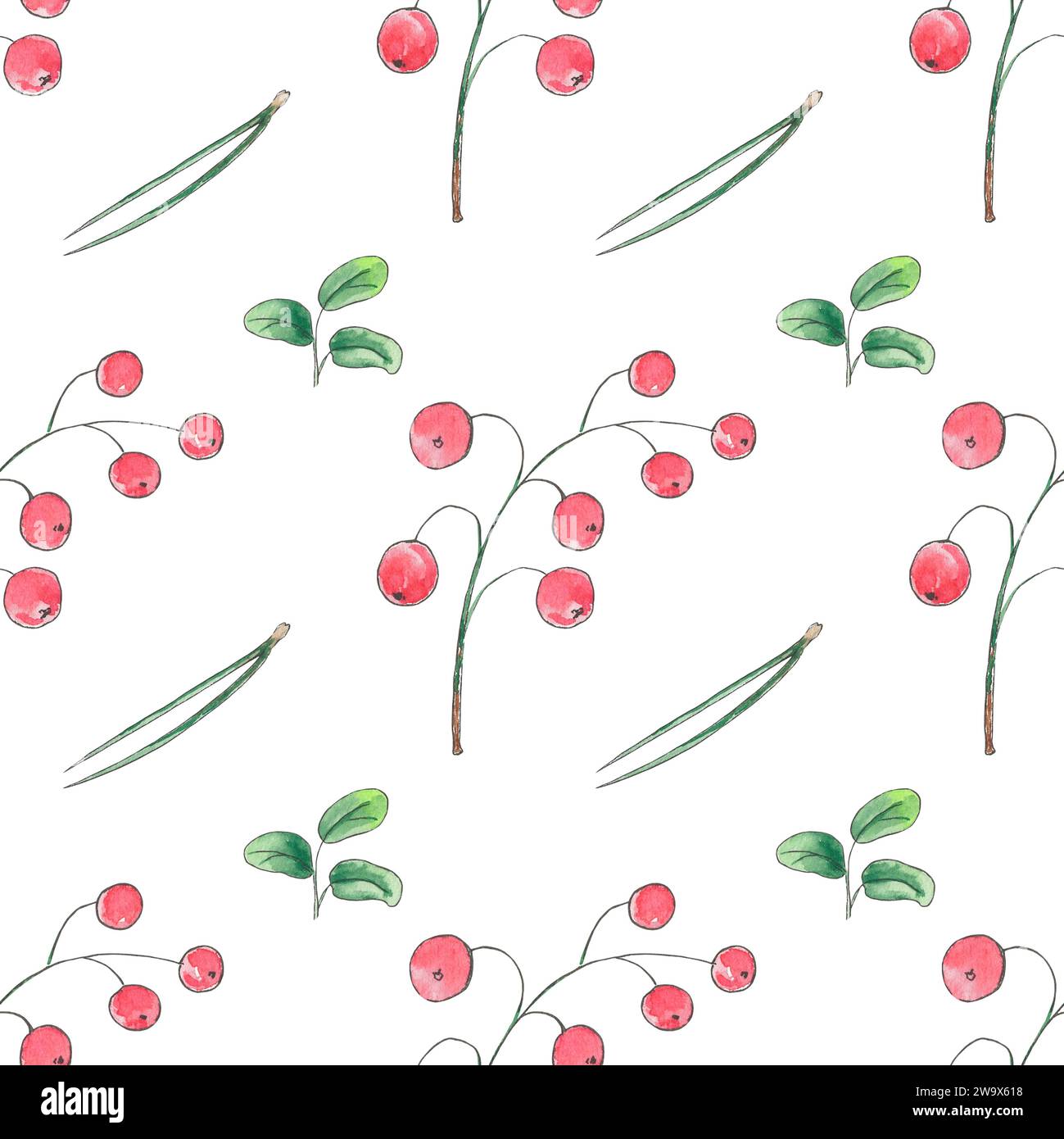 Seamless pattern with hand painted red circle berry and green leaves ...