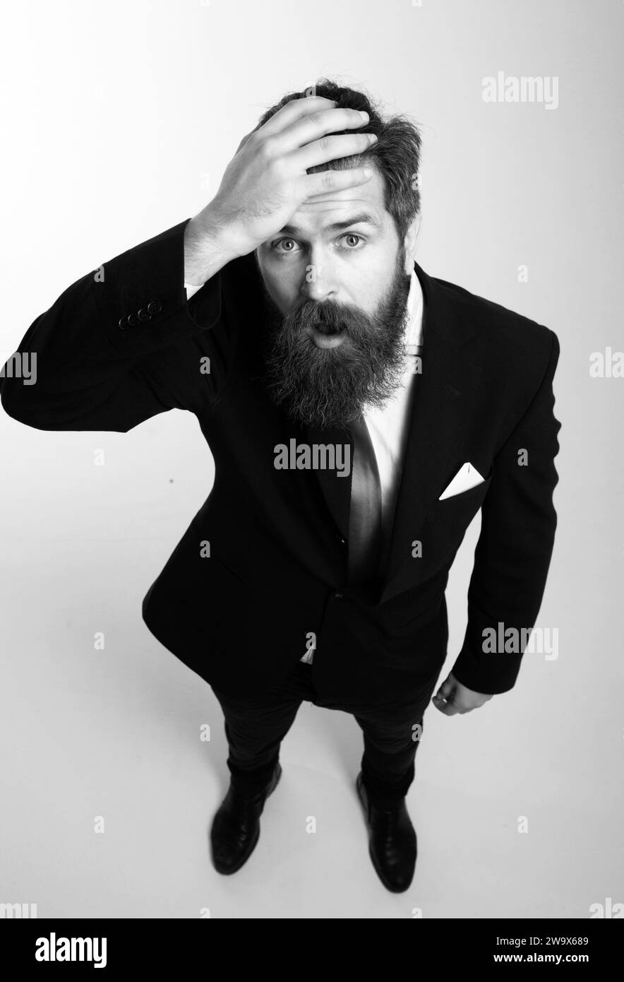 Crazy business man, excited emotions. Scared shocked with surprised ...