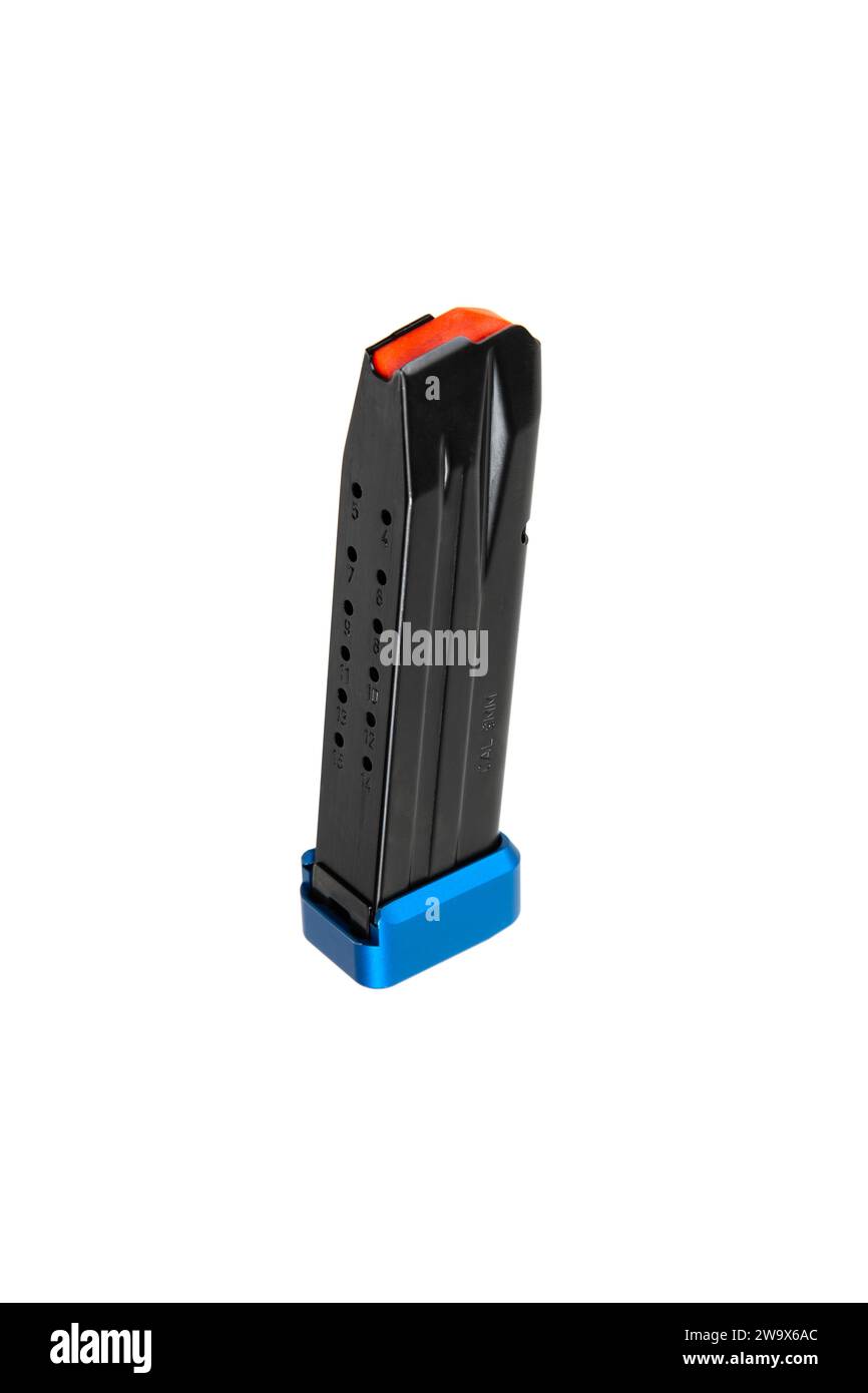 Metal pistol magazine for 9 mm cartridges. Clip for ammunition. Isolate ...