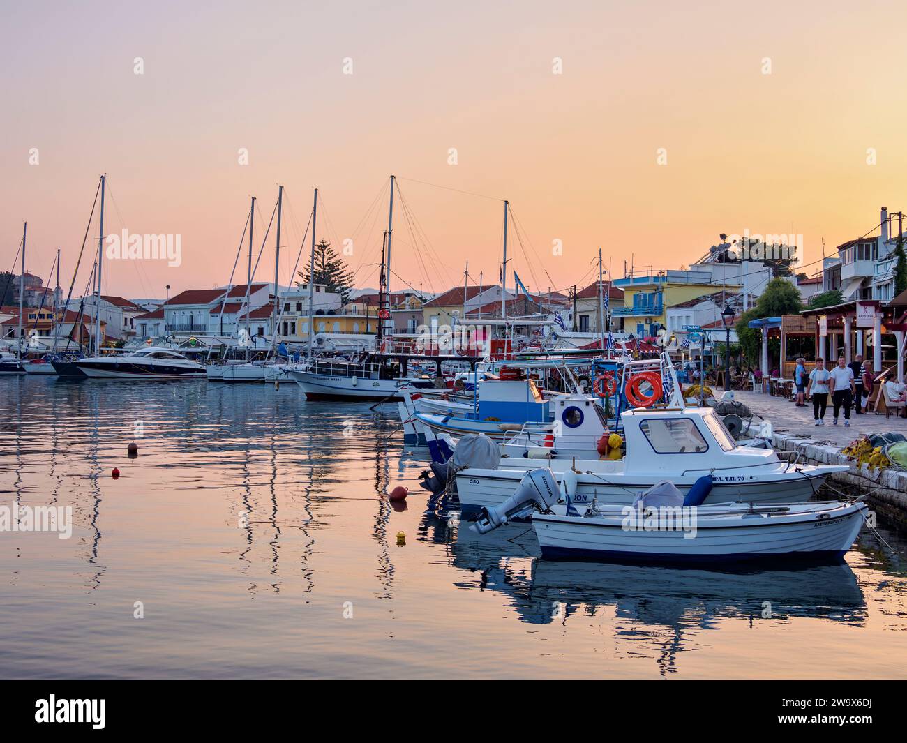 Boats at the Port of Pythagoreio, dusk, Samos Island, North Aegean ...