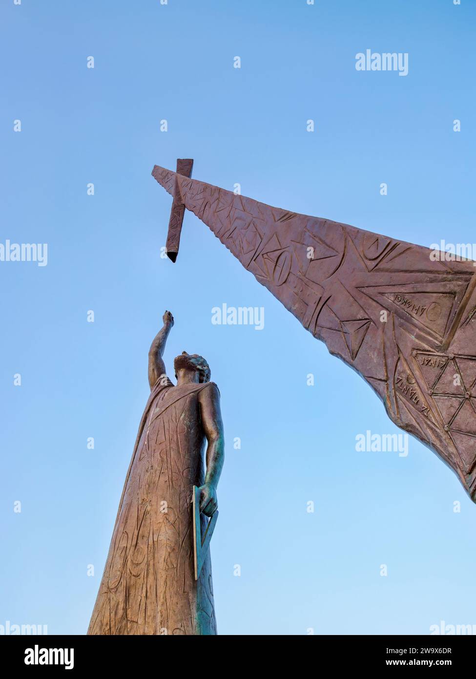 Statue of Pythagoras at dusk, Port of Pythagoreio, Samos Island, North ...