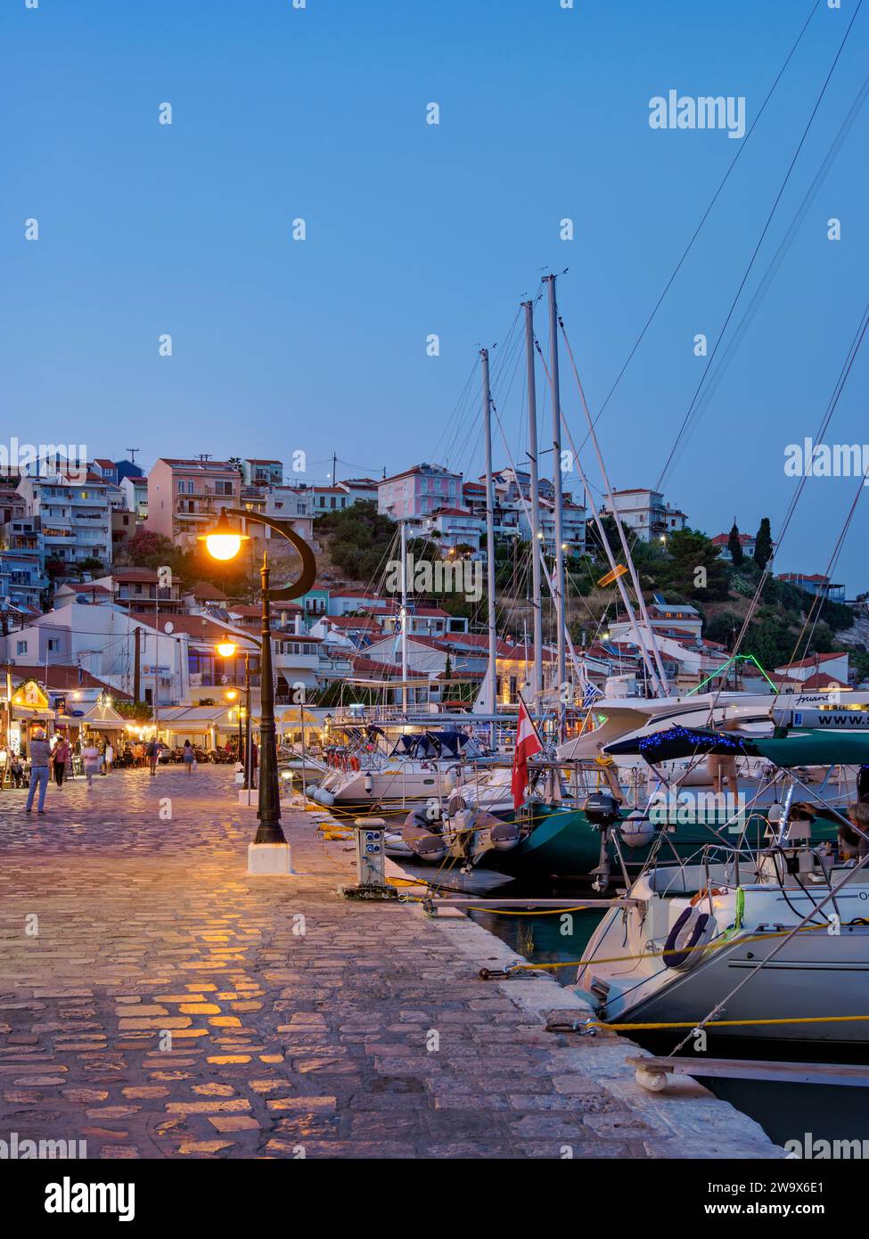Boats at the Port of Pythagoreio, dusk, Samos Island, North Aegean ...