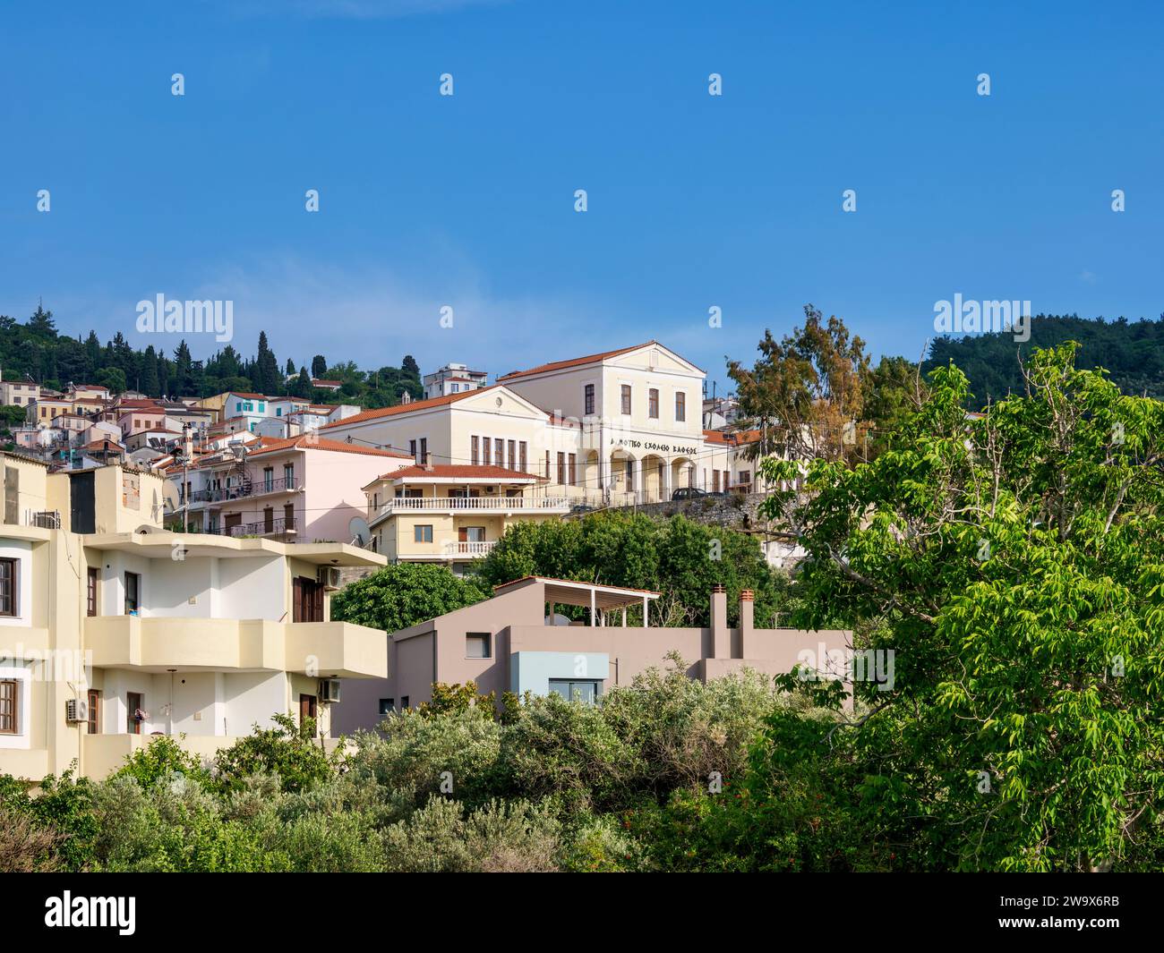 View towards the Ano Vathy Primary School, Samos Town, Samos Island ...