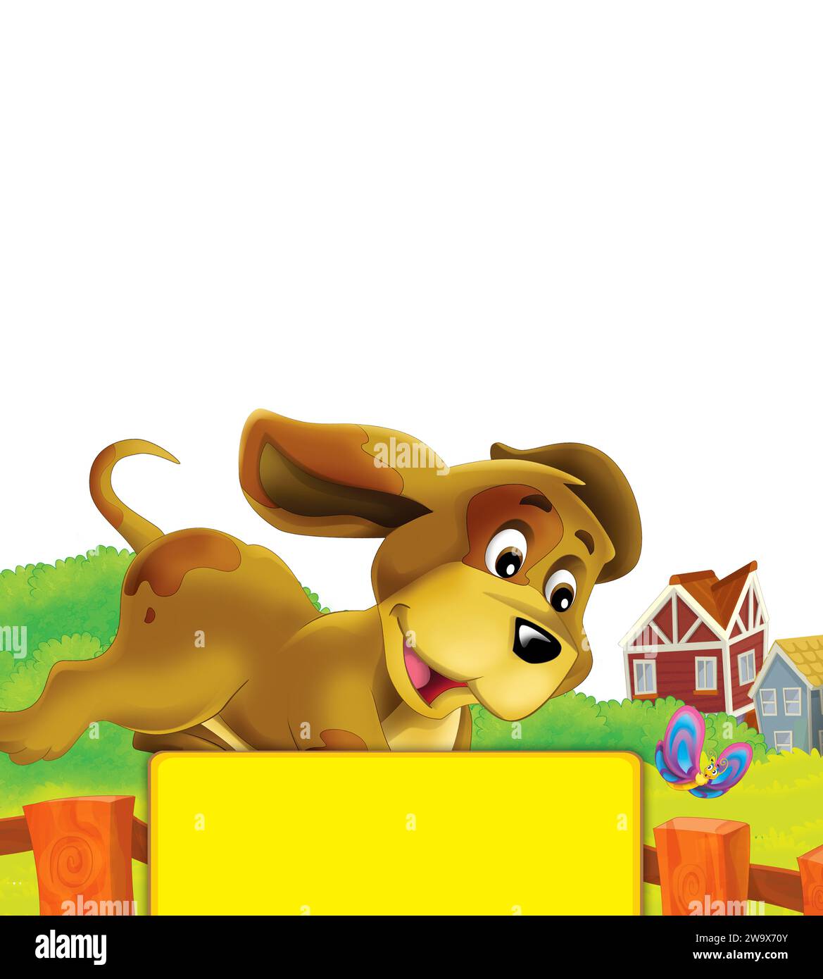 cartoon scene with dog on a farm having fun on white background ...