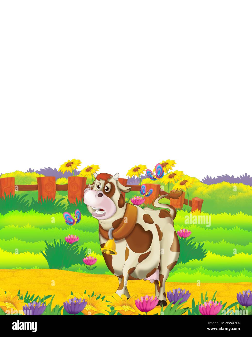 cartoon scene with cow having fun on the farm on white background ...