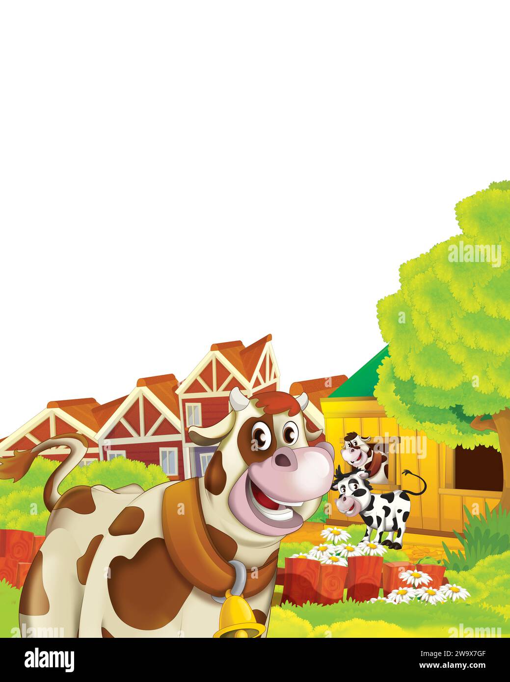 cartoon scene with cow having fun on the farm on white background ...