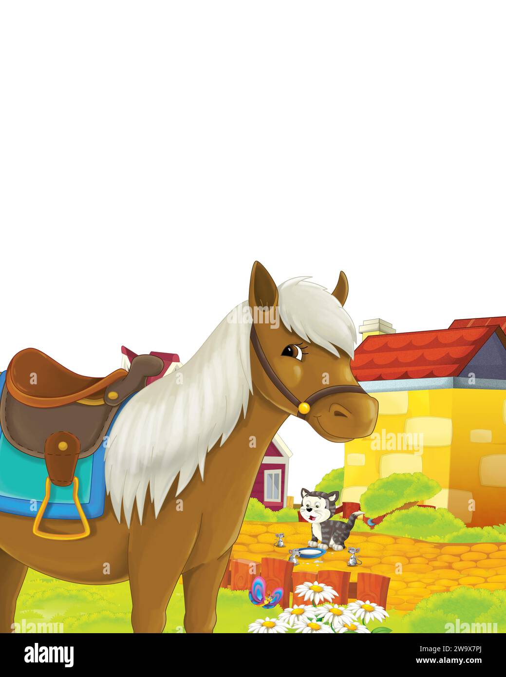 cartoon scene with horse having fun on the farm on white background ...