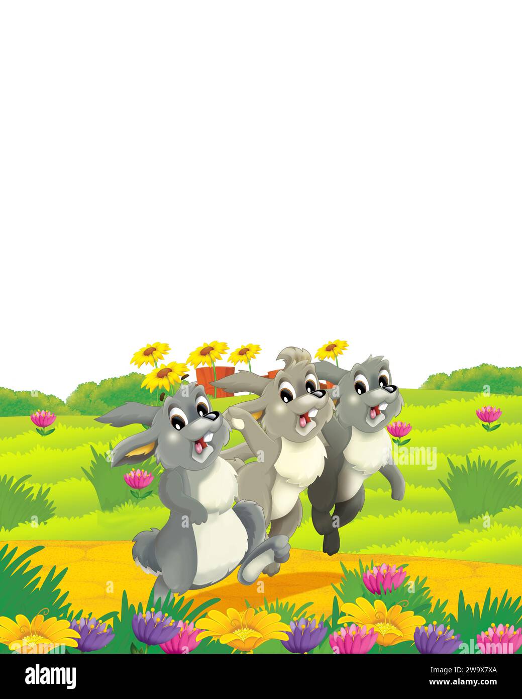 cartoon scene with rabbit on a farm having fun on white background ...