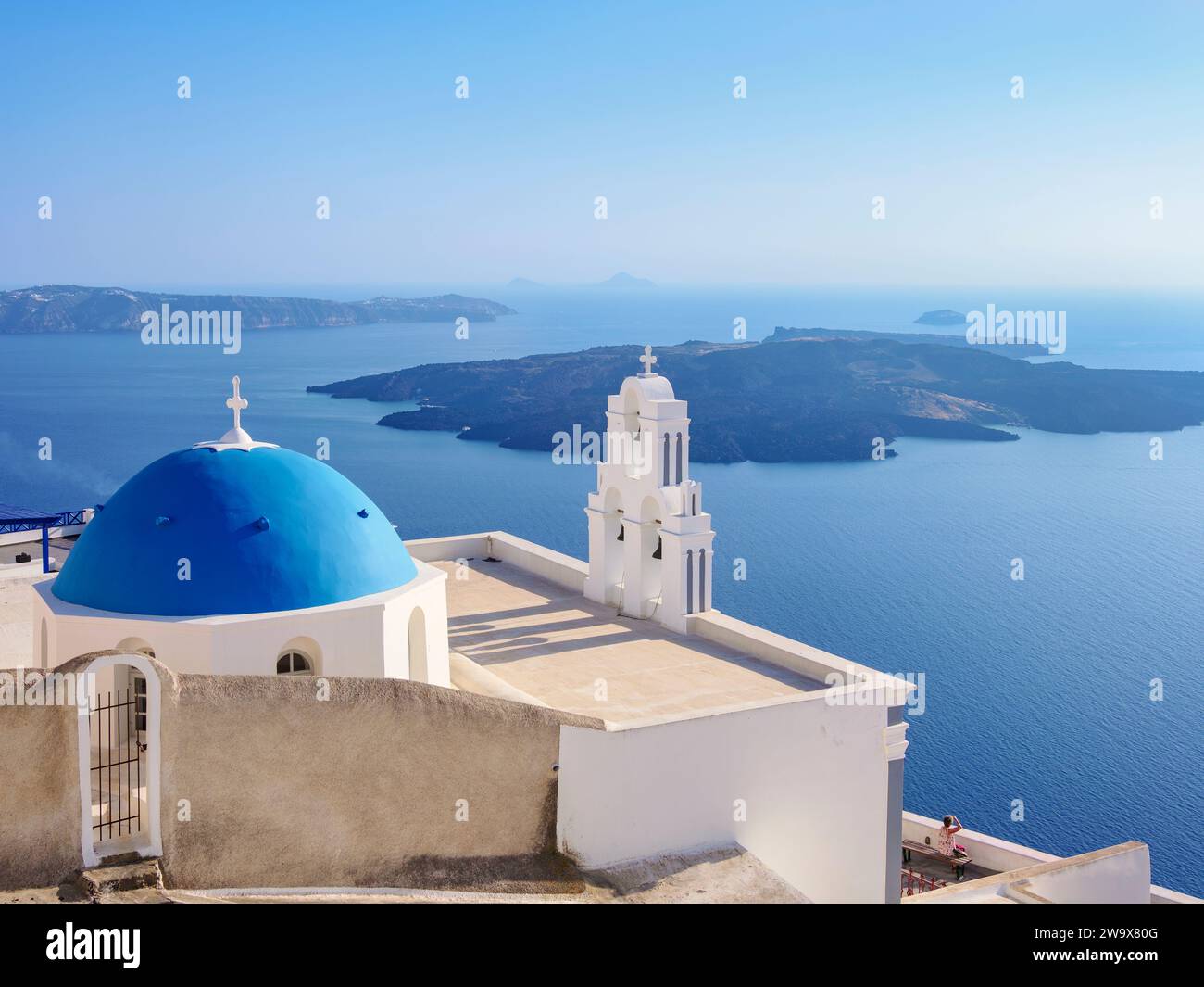 Three Bells of Fira, iconic blue domed church, Fira, Santorini or Thira ...